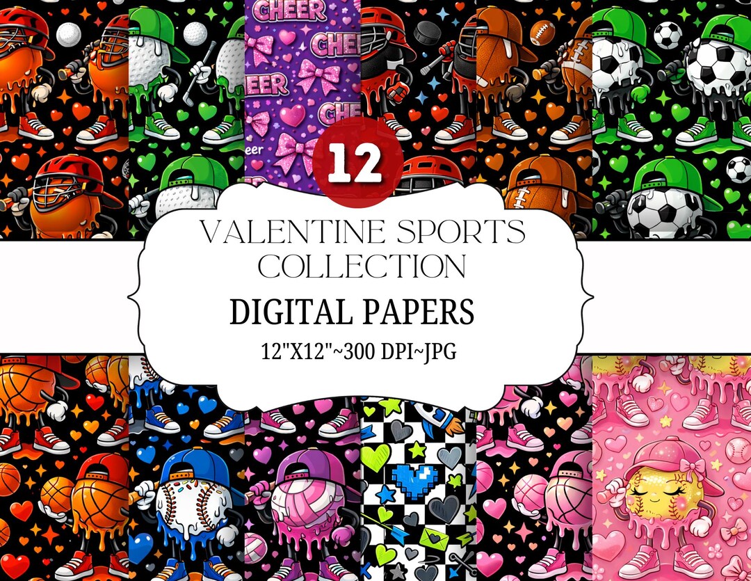 Valentine Sports Digital Papers Bundle | 12x12 Seamless Patterns ...