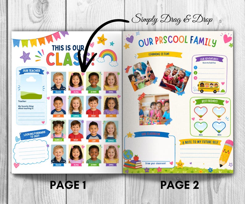 Editable Preschool Yearbook Template Canva | 6 Page Kids Memory Book ...