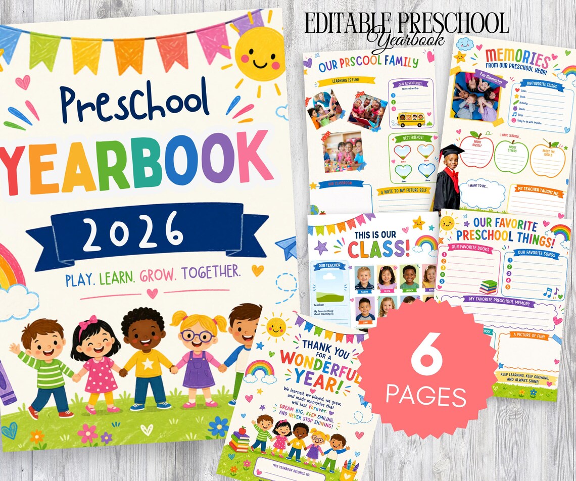 Editable Preschool Yearbook Template Canva | 6 Page Kids Memory Book ...