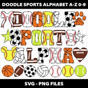 Sports Doodle Alphabet Varsity Letters Cliparts SVG PNG Bundle Template ...