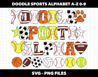 Sports Doodle Alphabet Varsity Letters Cliparts SVG PNG Bundle Template ...