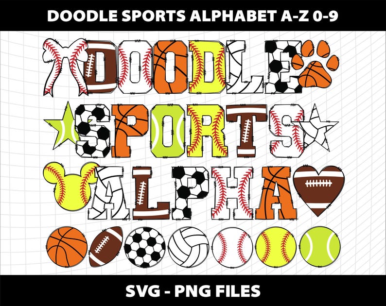 Sports Doodle Alphabet Varsity Letters Cliparts SVG PNG Bundle Template ...