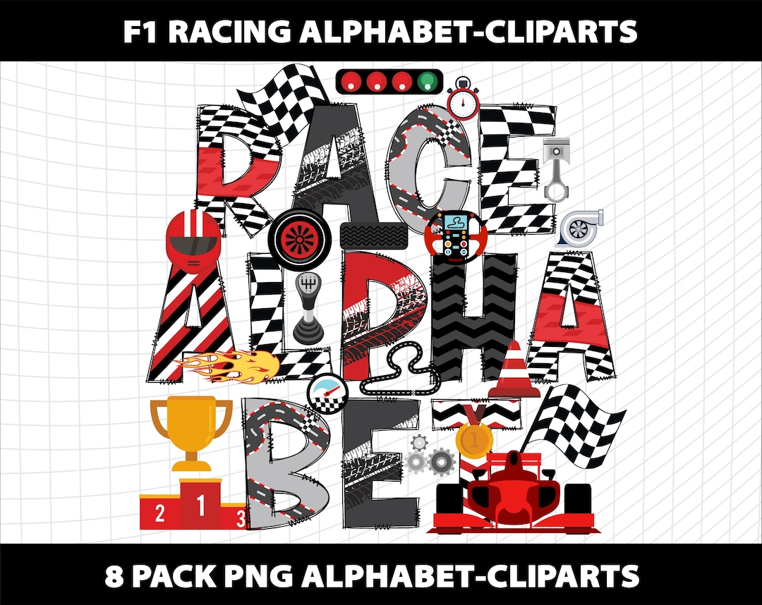 F1 Car Racing Doodle Alphabet Letters Cliparts Race Formula 1 GT Bundle ...