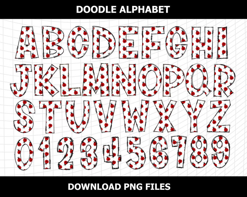 Ladybug Doodle Alphabet Letters Bundle Spring PNG Font Sublimation DTF ...