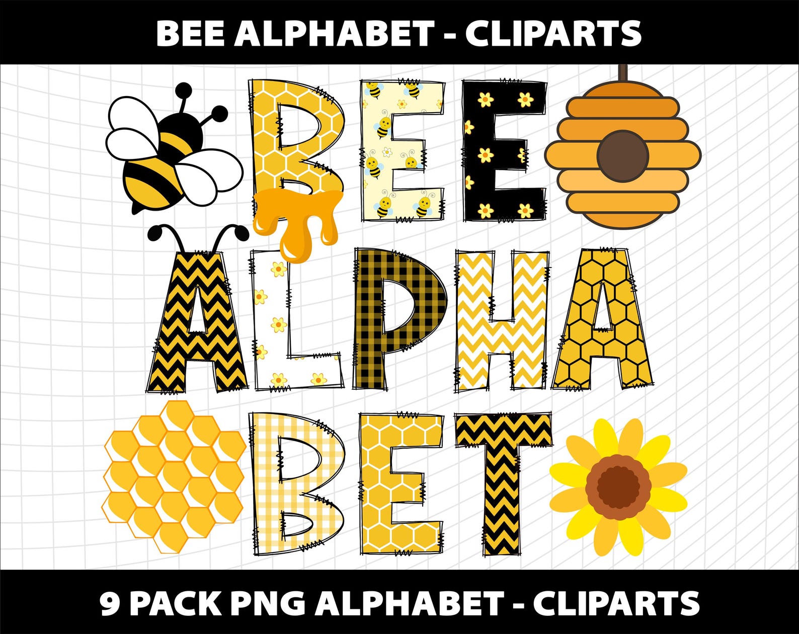 Bee Honey Doodle Alphabet Cliparts Bundle: PNG Font, Sublimation Design ...