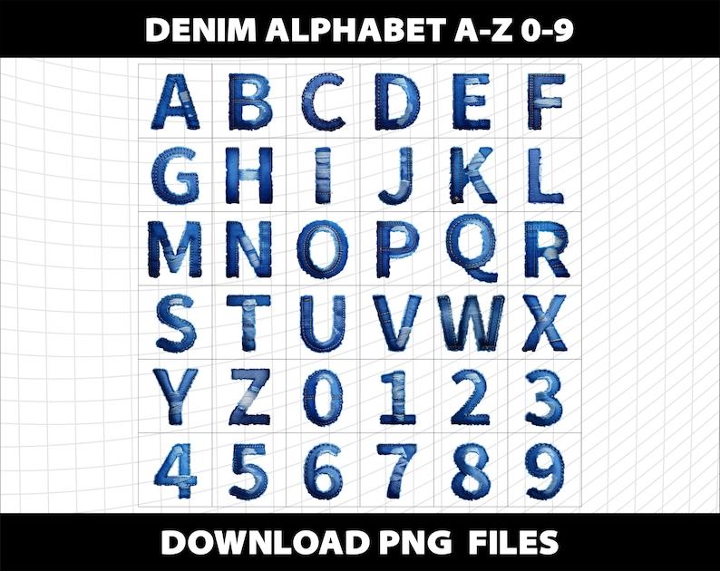 Denim Alphabet Letters Watercolor Cliparts Bundle: PNG Font ...
