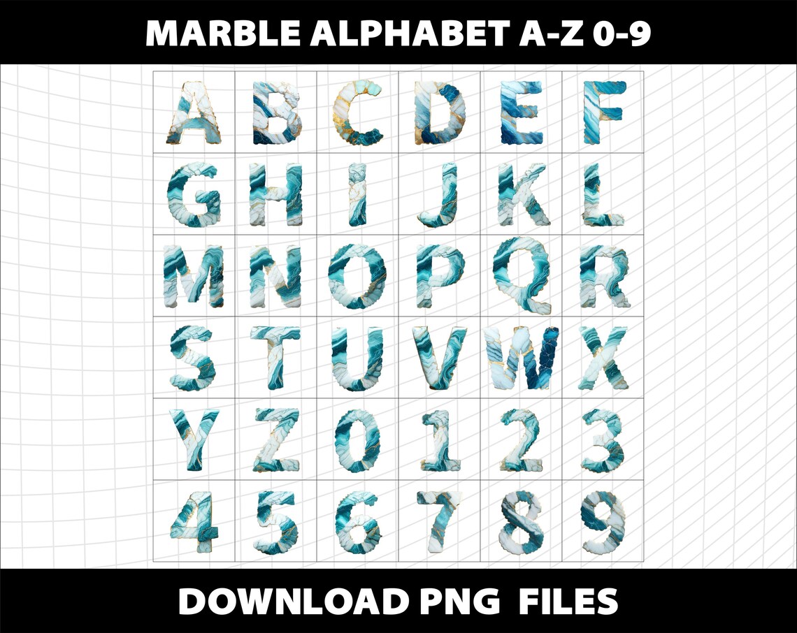 Blue Gold Marble Alphabet Letters: Watercolor PNG Clipart Font (digital ...