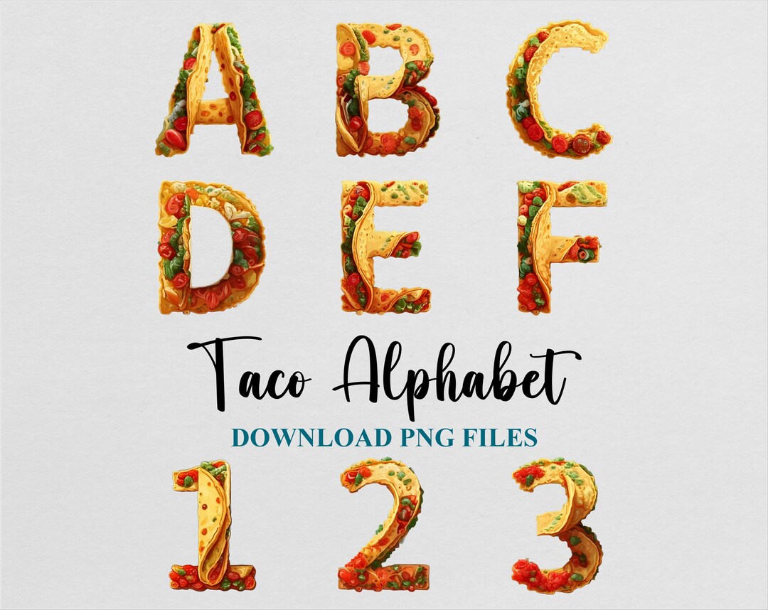 Taco Alphabet Watercolor Clipart Bundle: PNG Font, Sublimation Design ...