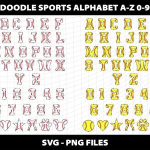 Sports Doodle Alphabet Varsity Letters Cliparts SVG PNG Bundle Template ...