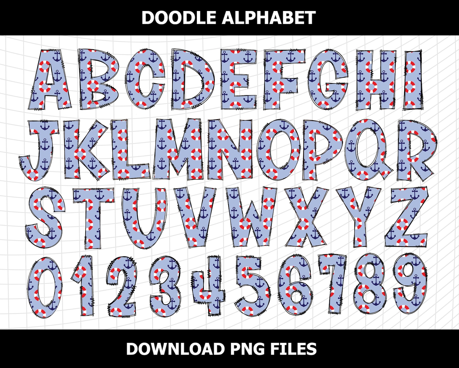 Nautical Sailing Doodle Alphabet Letters Bundle PNG Font Sublimation ...