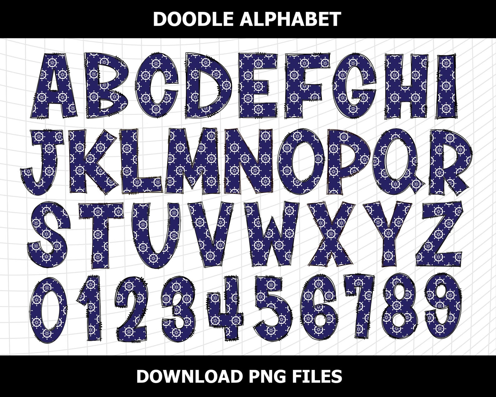 Nautical Sailing Doodle Alphabet Letters Bundle PNG Font Sublimation ...