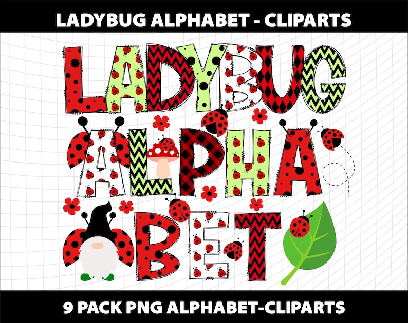 Ladybug Doodle Alphabet Letters Bundle Spring PNG Font Sublimation DTF ...