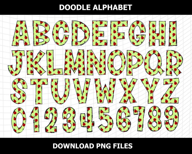 Ladybug Doodle Alphabet Letters Bundle Spring PNG Font Sublimation DTF ...
