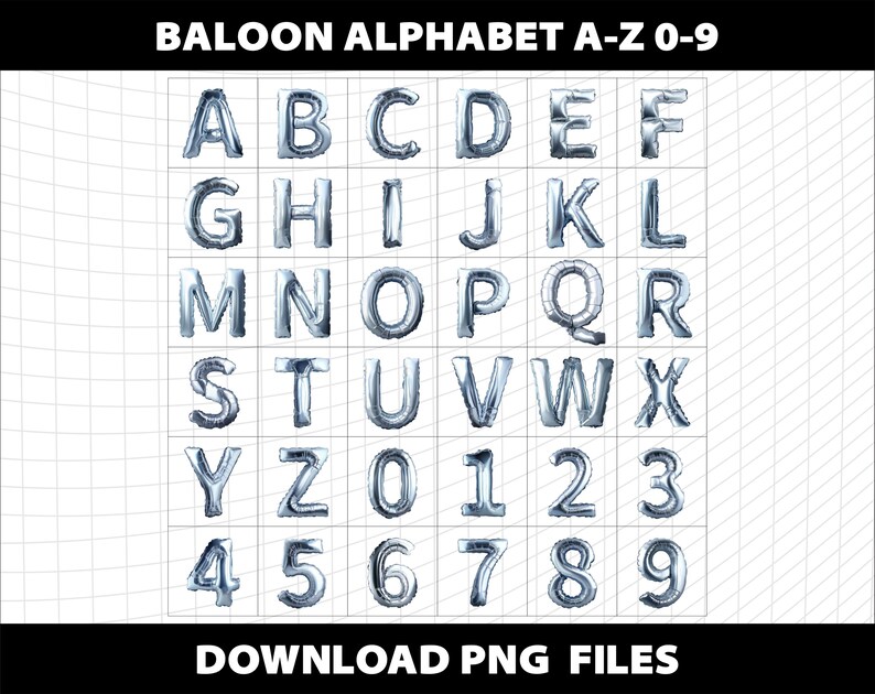 Watercolor Silver Balloon Alphabet Clipart Bundle: PNG Font (digital ...