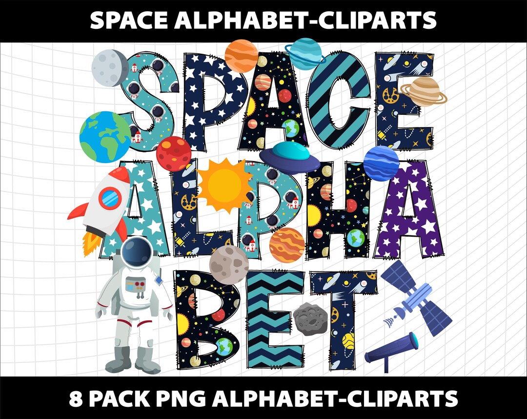 Space Astronaut Doodle Alphabet Letters Cliparts Bundle PNG Font ...