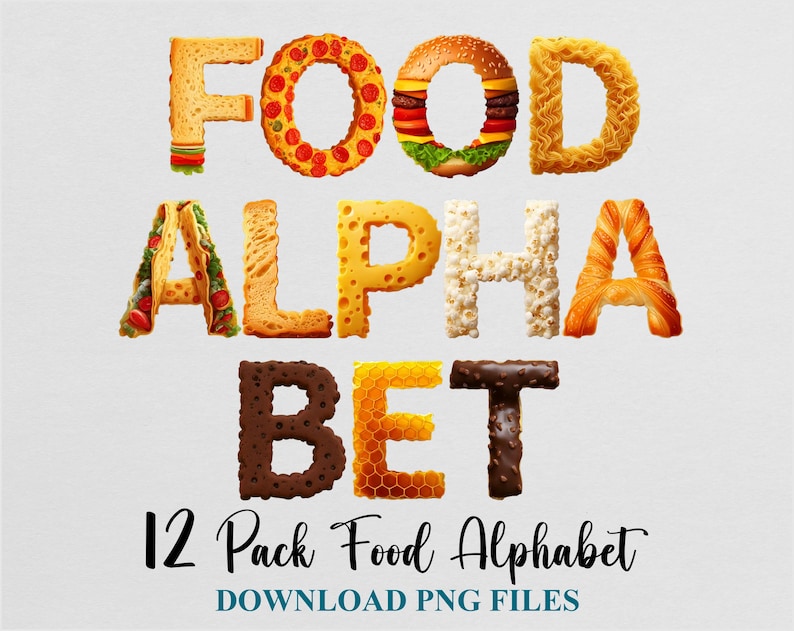 Food Alphabet Letters Clipart Bundle PNG Font Hamburger Pizza Cheese ...