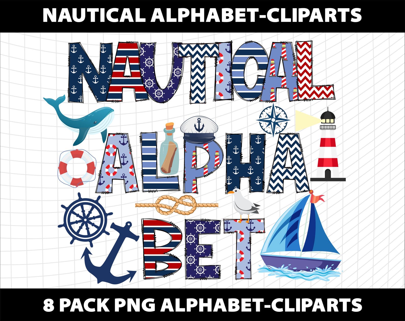 Nautical Sailing Doodle Alphabet Letters Bundle PNG Font Sublimation ...