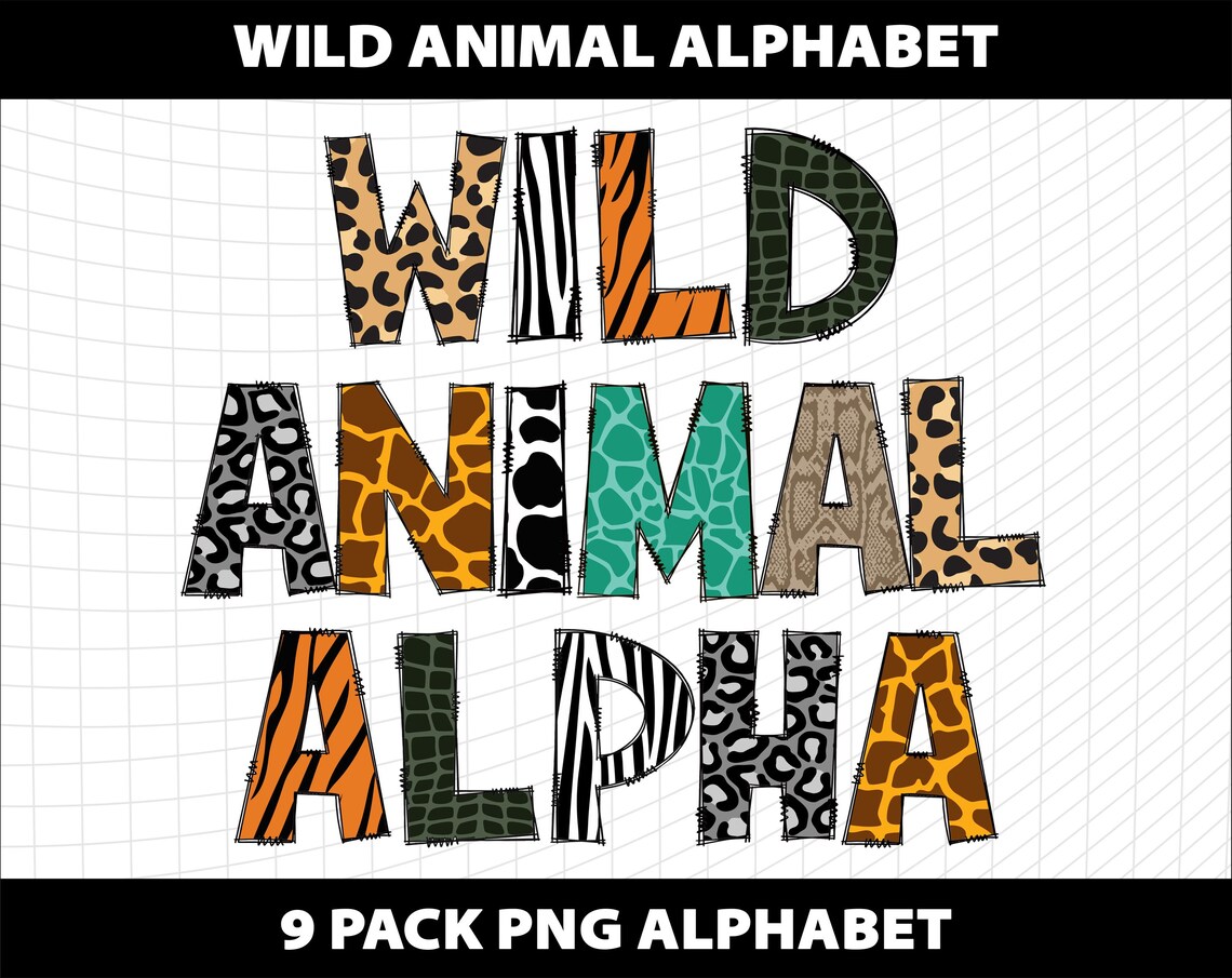 Wild Animals Doodle Alphabet Letters Bundle PNG Font Leopard Zebra ...