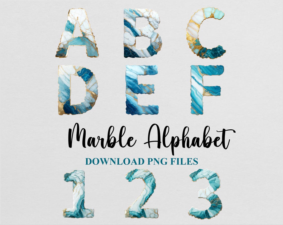Blue Gold Marble Alphabet Letters: Watercolor PNG Clipart Font (digital ...