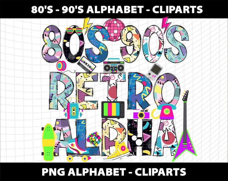 Doodle Alphabet Clipart Bundle: 80s 90s Font, PNG, Sublimation, DTF ...