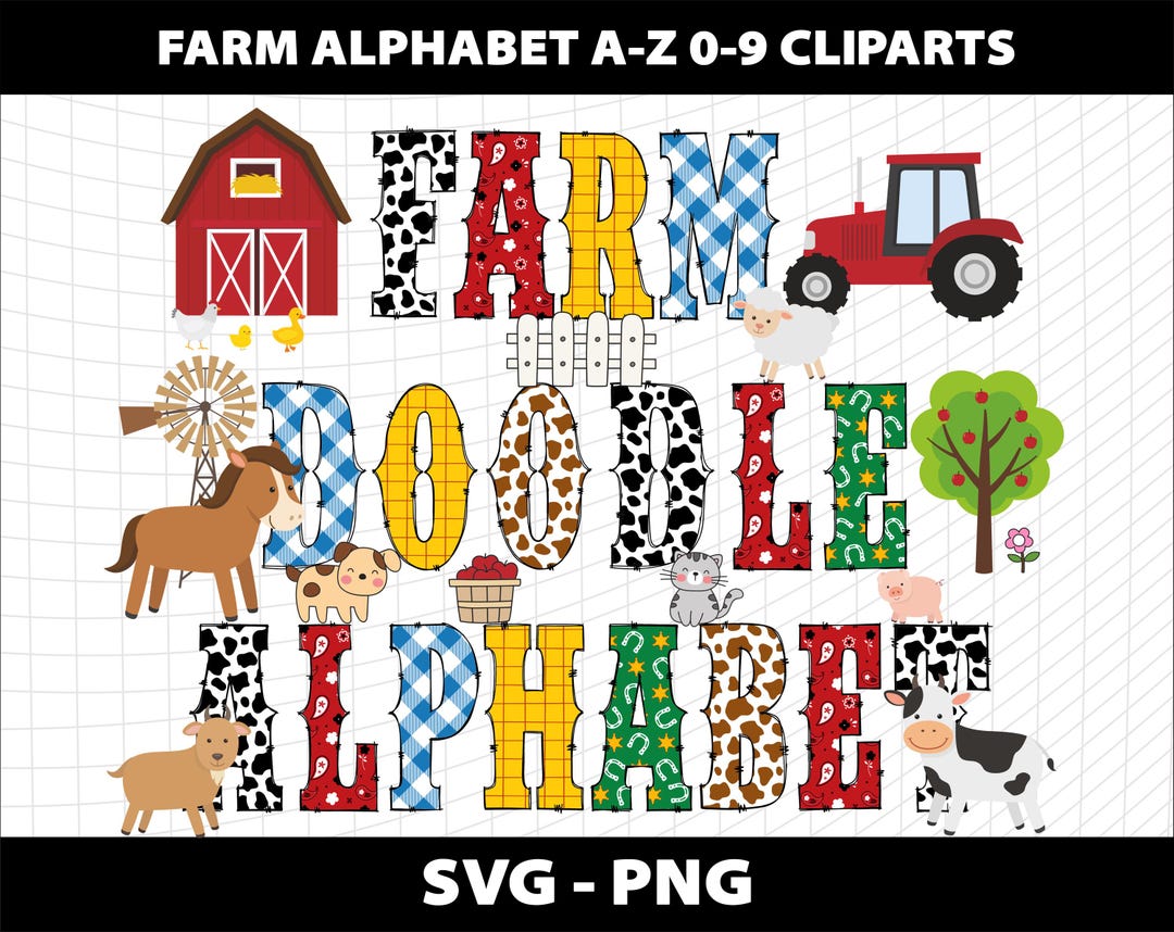 Farm Doodle Alphabet Cliparts Bundle: SVG, PNG, Sublimation Template ...