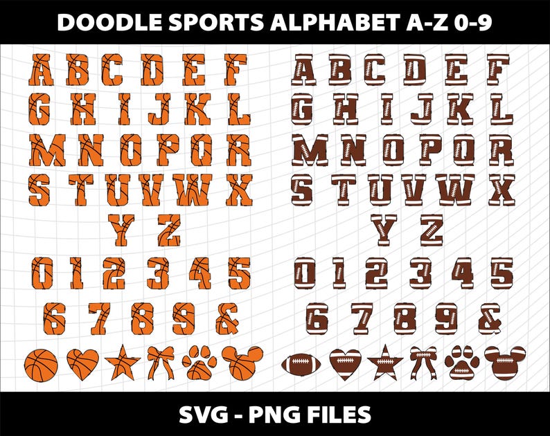 Sports Doodle Alphabet Varsity Letters Cliparts SVG PNG Bundle Template ...