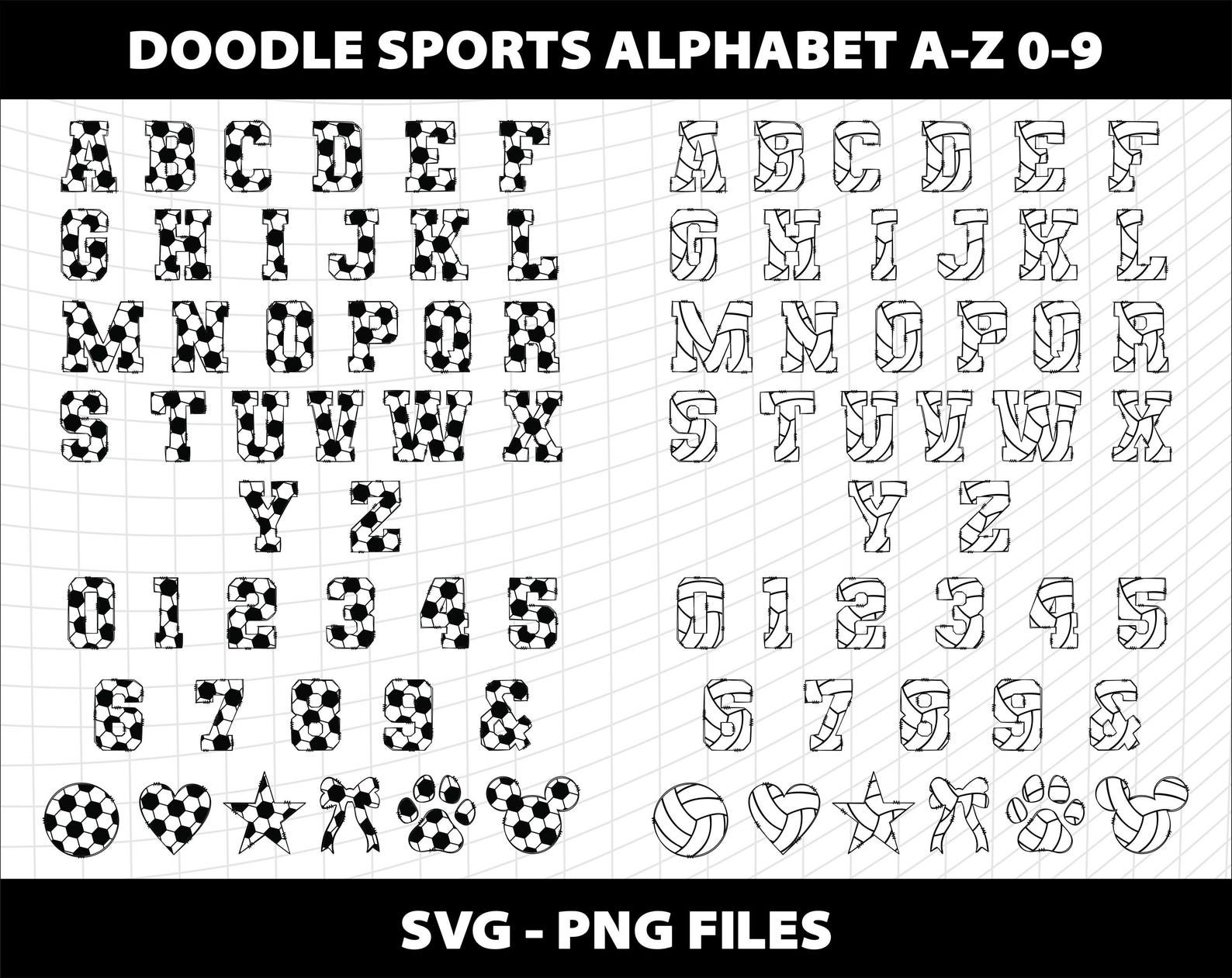 Sports Doodle Alphabet Varsity Letters Cliparts SVG PNG Bundle Template ...