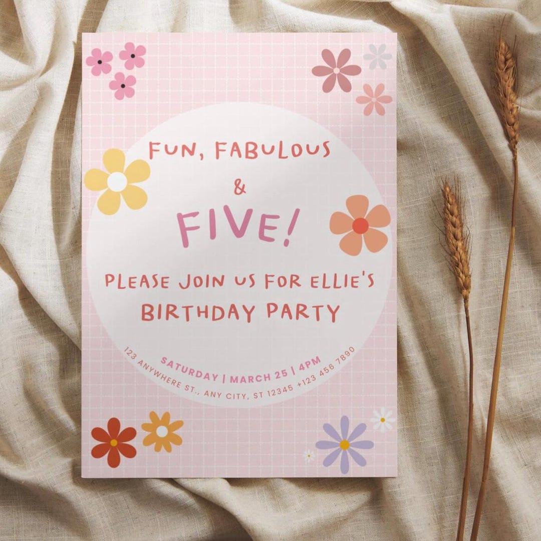 Fun, Fabulous & Five, Fifth Birthday, Girls Birthday Invitation, Flower ...