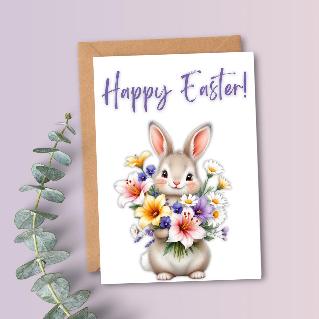 Printable Easter Card Easter Bunny Card Easter Flower Art Happy Easter Greeting Card Digital ...