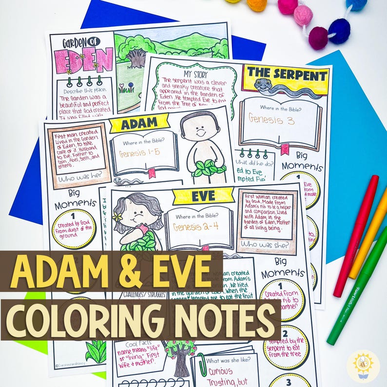 Adam and Eve Color Notes- Bible Printable - Sunday School Activity ...