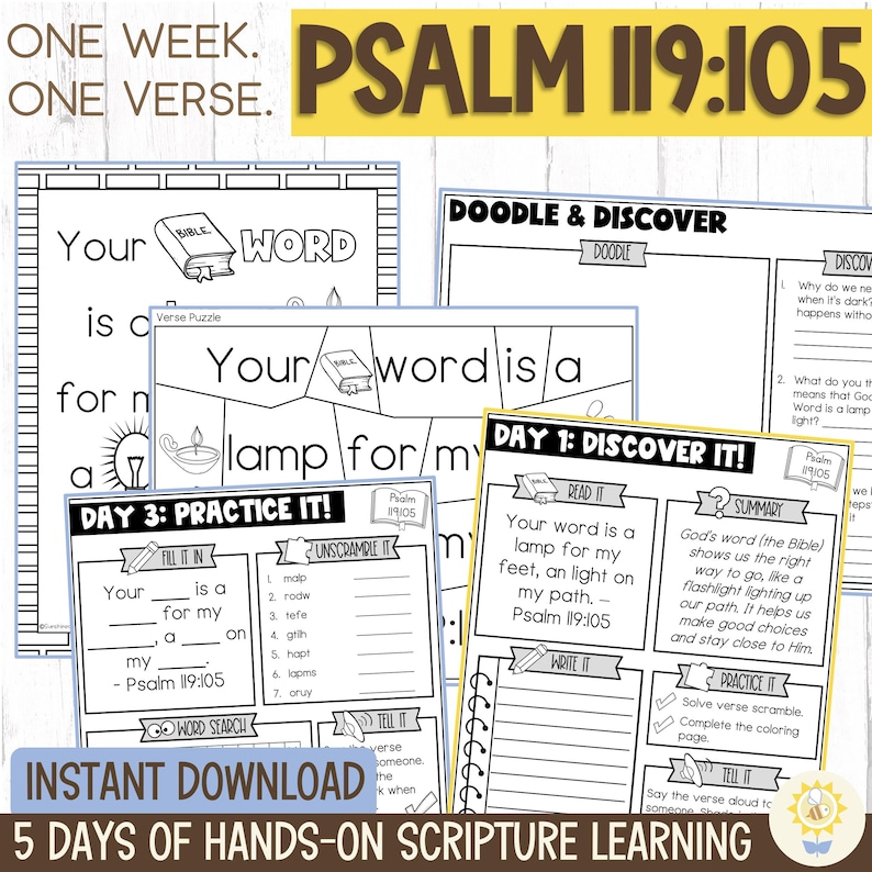 Psalm 119:105 Kids Scripture Bible Activity Pack - Children's Bible ...
