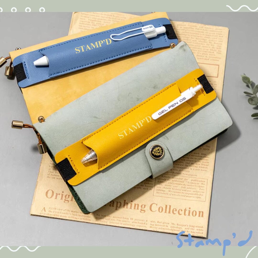 Personalized PU Leather Pen Holder, Engraved Initials, Elastic Strap ...