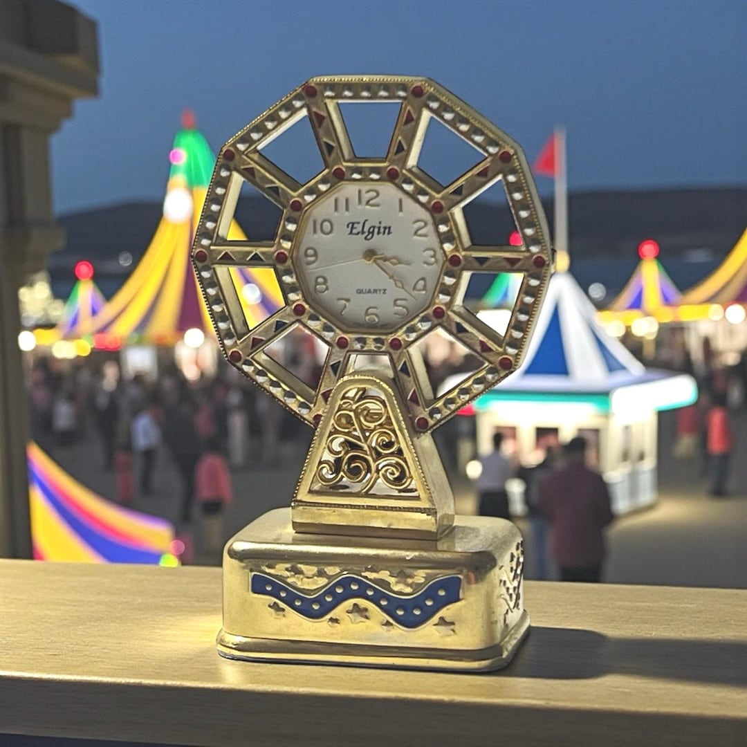 Elgin Ferris Wheel Mini Clock Vintage Gold Tone Quartz Desk Display ...