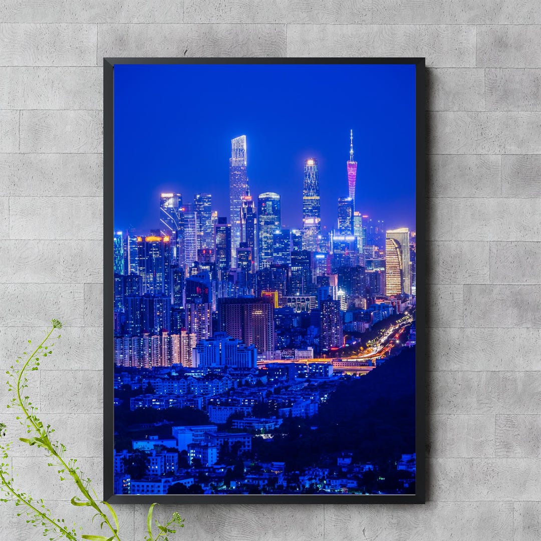 Guangzhou City Skyline Night Print, Blue Urban Photography Wall Art ...