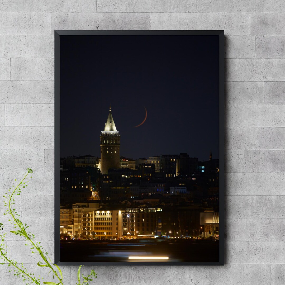 Galata Tower Night Sky Wall Art | Crescent Moon Over Istanbul | Digital ...