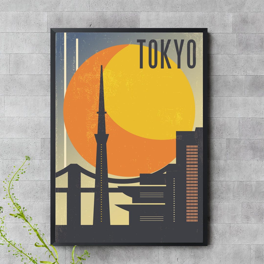 Tokyo Skyline Digital Art – Retro Sun Poster, Japan Cityscape Printable ...