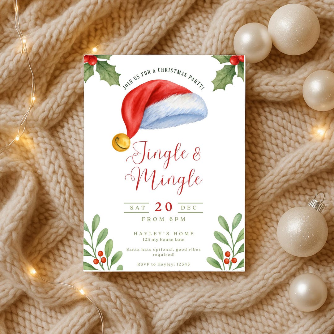 Santa Hat Party Invitation, Christmas Party Invites, Editable Template ...