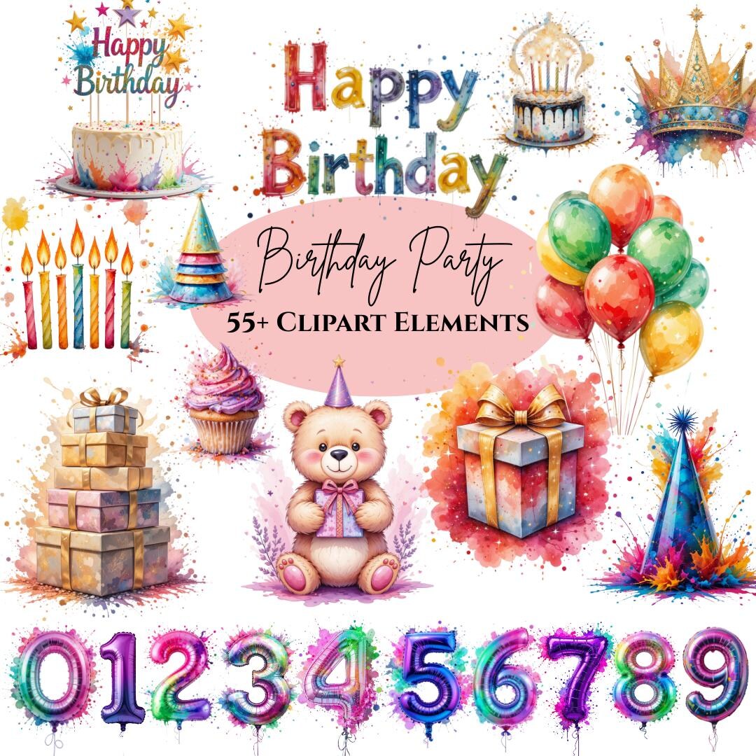 Watercolor Happy Birthday With Numbers Clipart Set, Birthday Party PNG ...