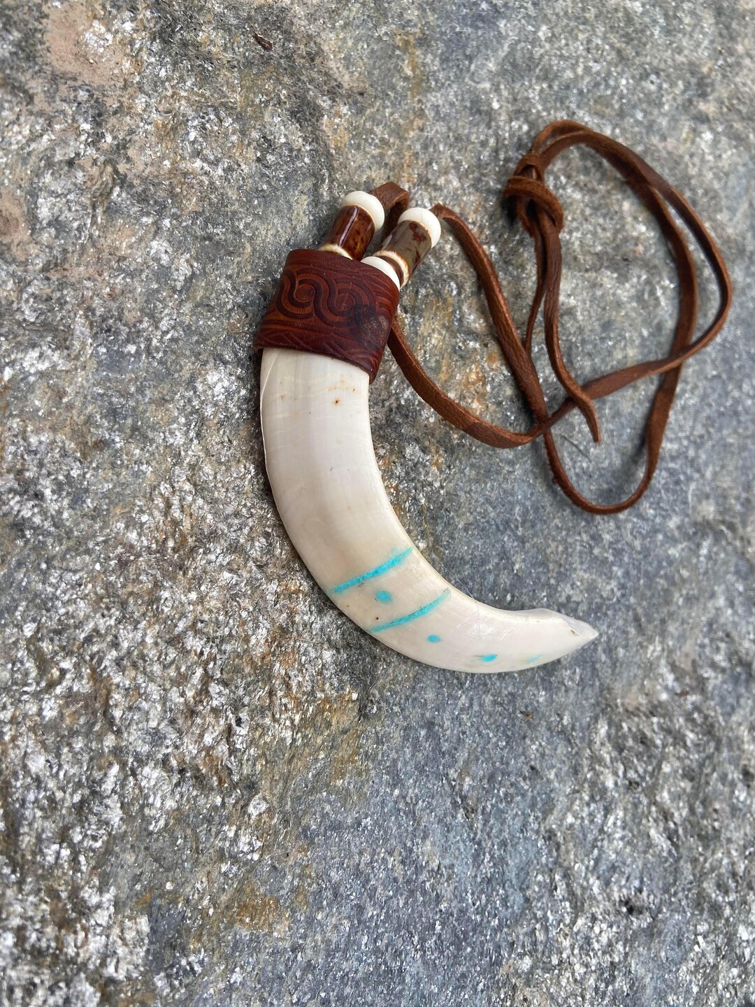 Celtic Warrior Pig Tooth Necklace With Turquoise Stone Inlay - Etsy