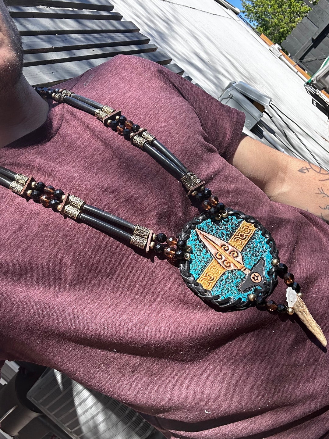 Norse Spear & Rune Necklace Leather Tooled Medallion - Etsy