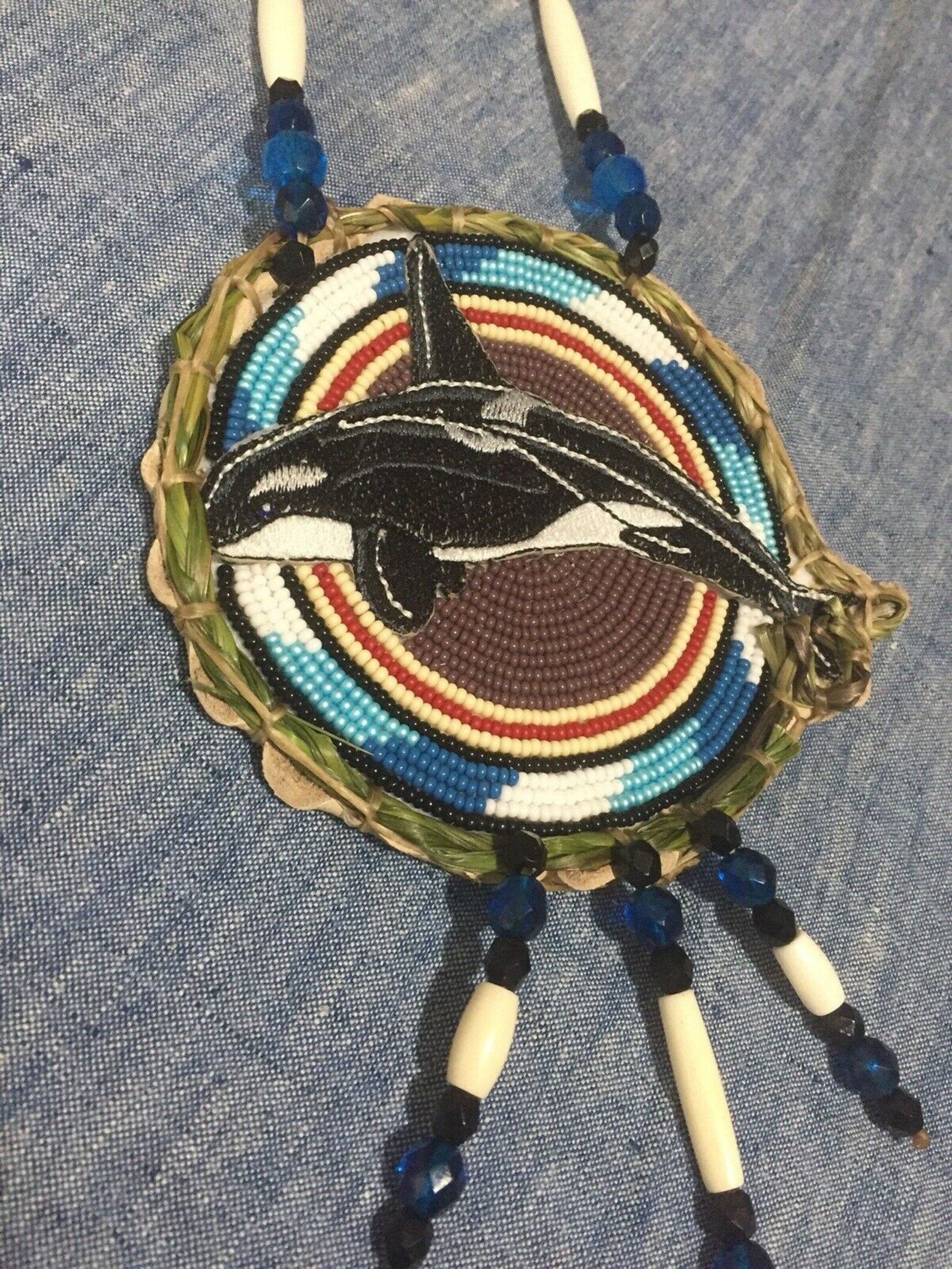 Orca Beaded Medallion With Sweetgrass Border Authentic Native | Etsy