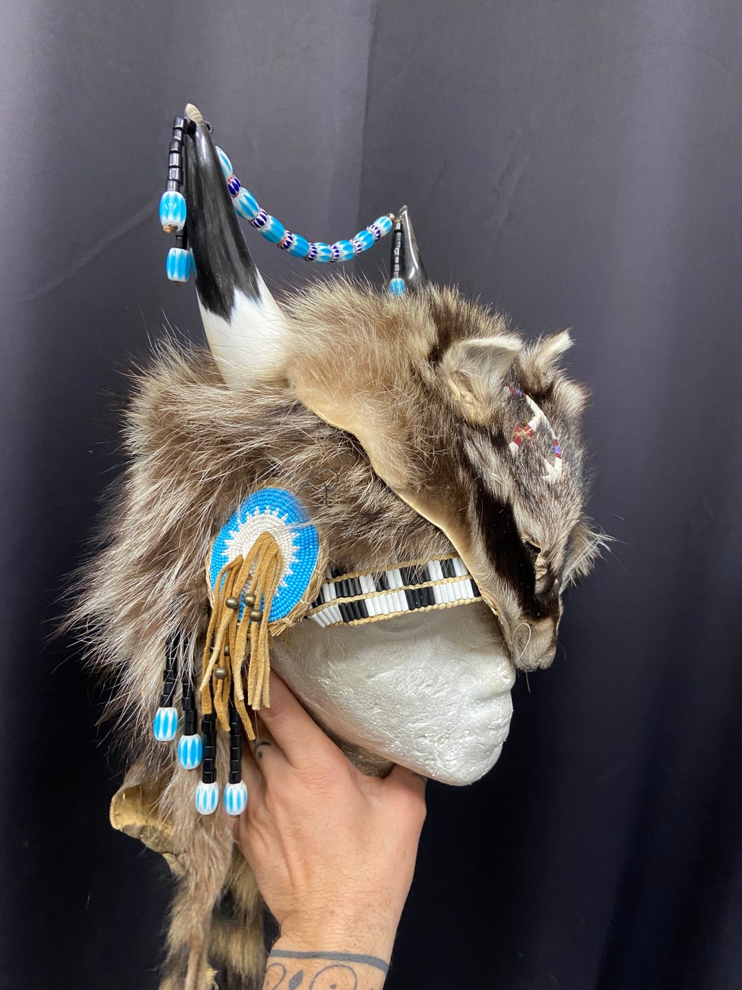 Native American Horned Raccoon Headdress Beadwork - Etsy