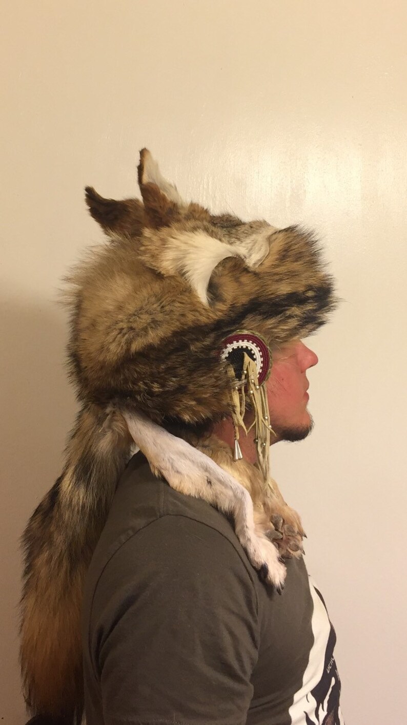 Native American beaded coyote coonskin hat Authentic Native | Etsy