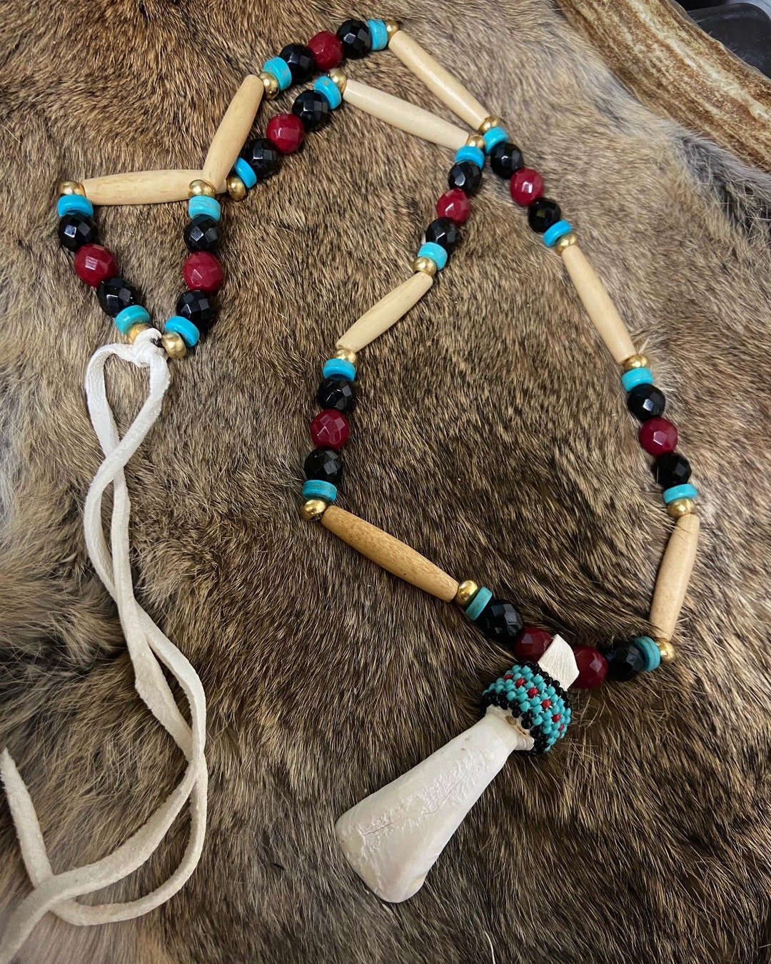 Native American Beaded Buffalo Tooth Necklace Native Made Peyote Stitch ...