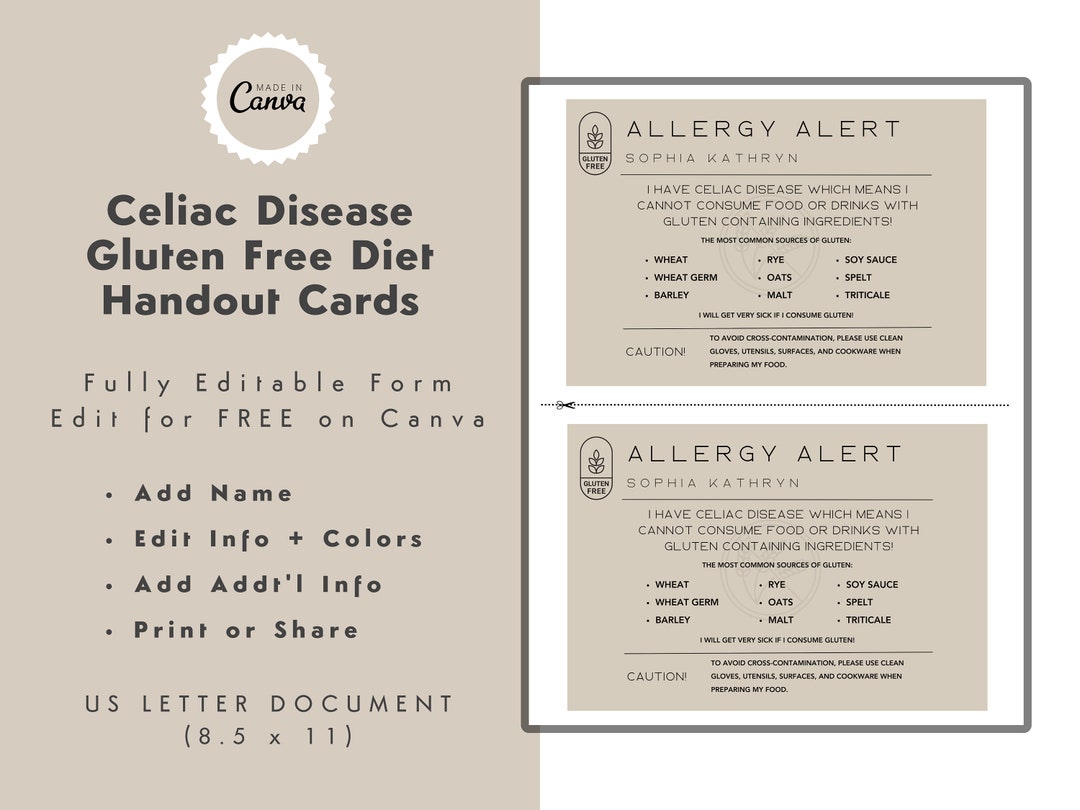 Gluten Free Diet Alert Card Celiac Disease GF Diet Dietary Restrictions ...