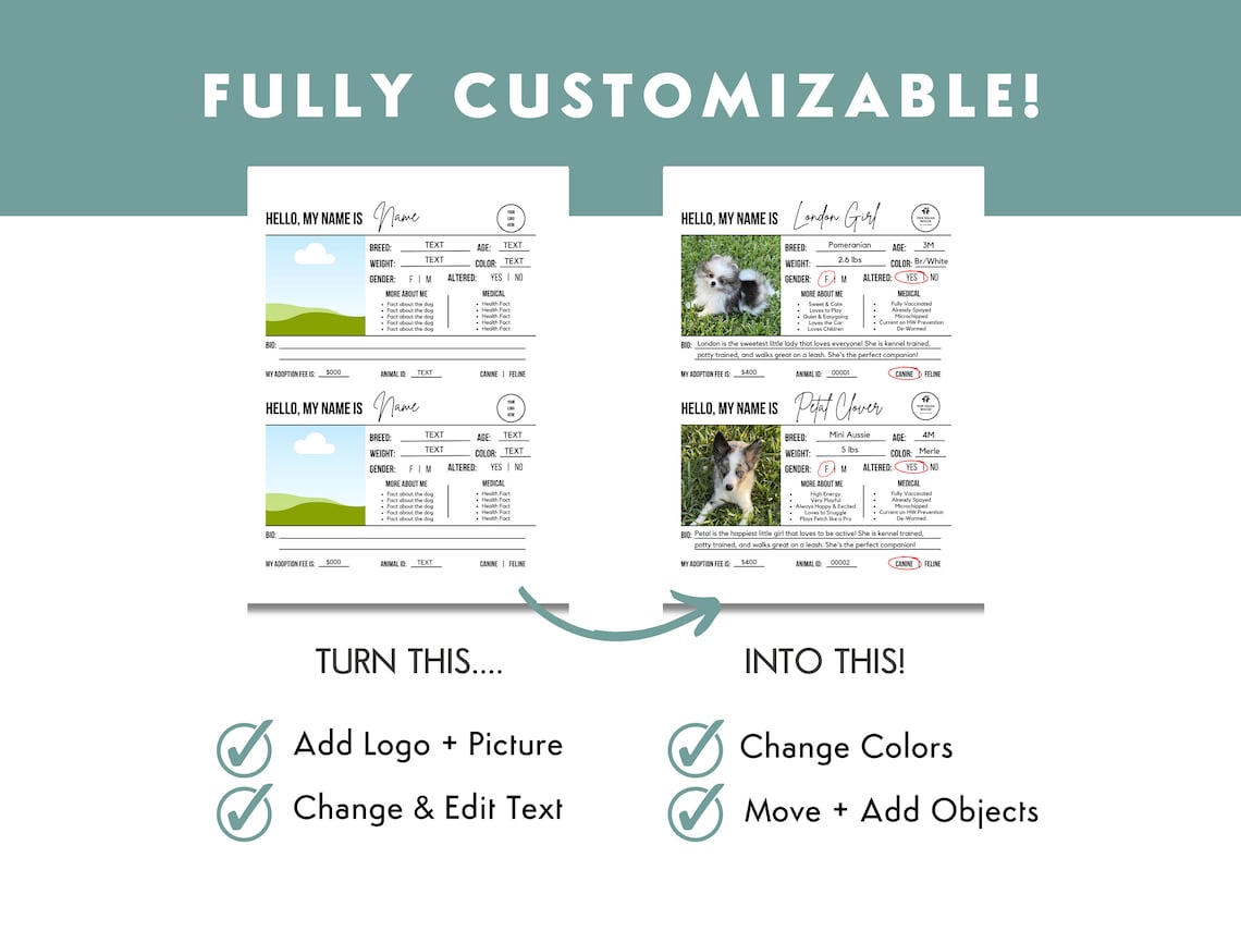 Editable Animal Shelter Kennel Card Cage Card Rescue Printable Kennel ...