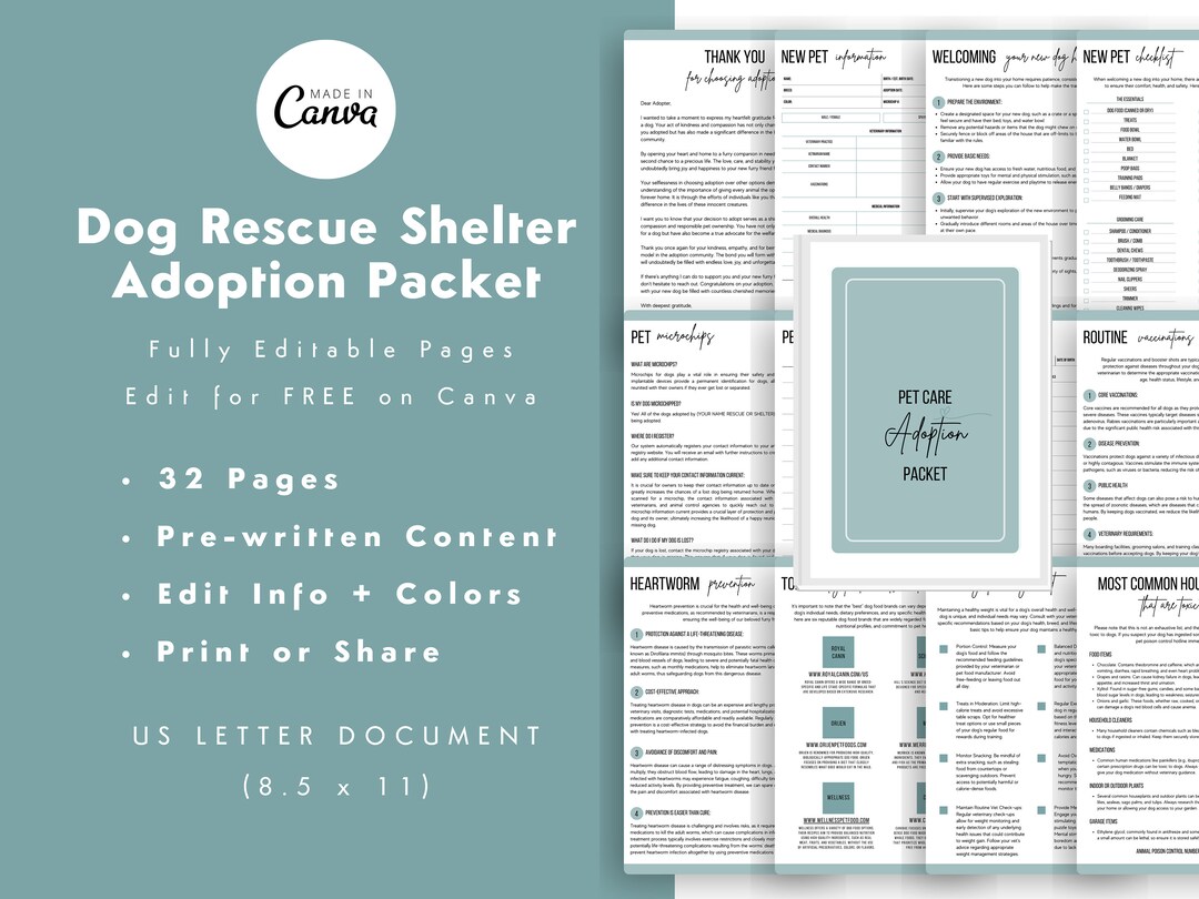 Comprehensive 32-page Dog Rescue Shelter Adoption Packet Animal Shelter ...