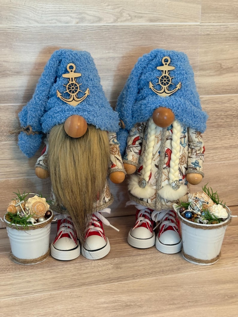 Nautical Gnomes With Seashell Bucket - Coastal Beach Decor - Handmade ...