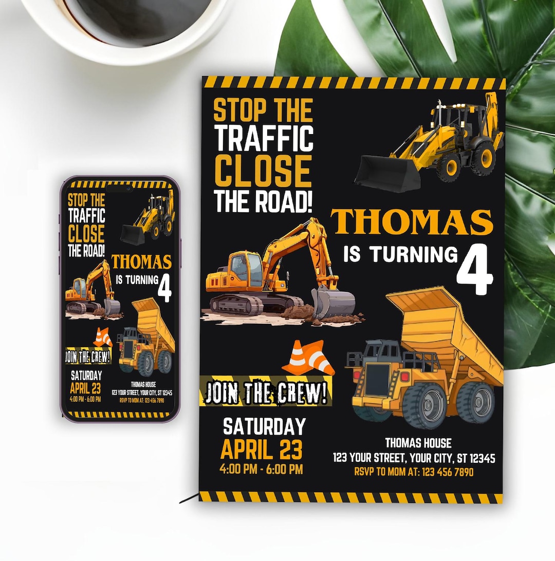 Construction Truck Birthday Invitation: Editable Canva Template ...