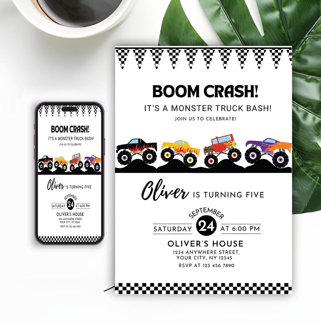 Monster Truck Birthday Invitation: Boom Crash Party (canva Edit ...